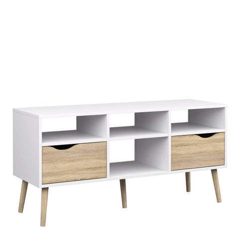 Oslo TV Unit Wide 2 Drawers 4 Shelves in White and Oak – Furniture Island