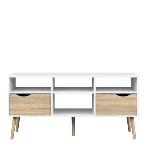 Oslo TV Unit Wide 2 Drawers 4 Shelves in White and Oak – Furniture Island
